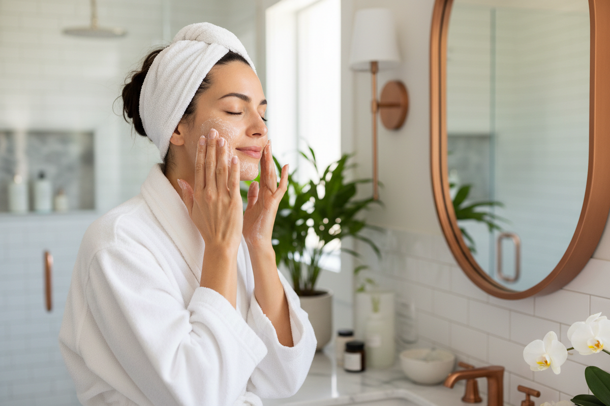 Exfoliating your face and body to slough away dead skin cells, for ...